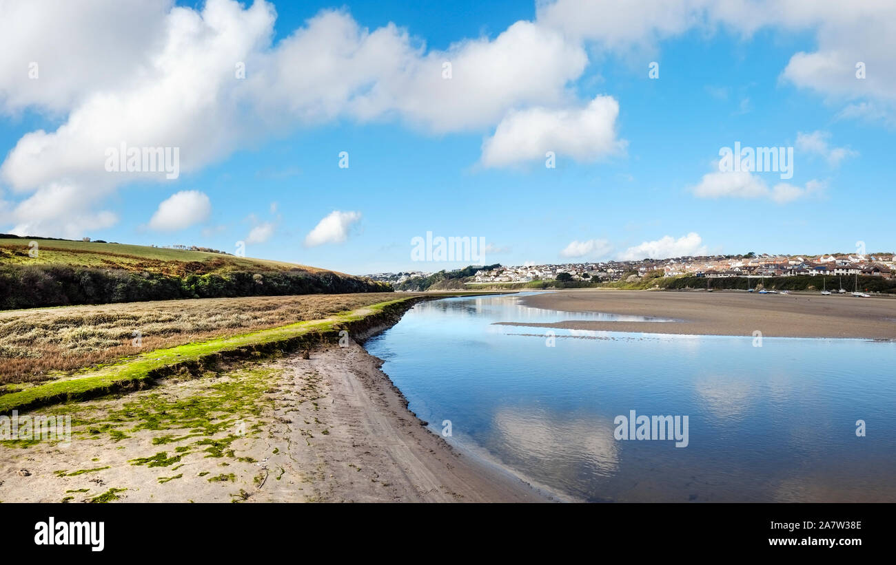 A panoramic view of the Gannel River in the Gannel Estuary in Newquay ...