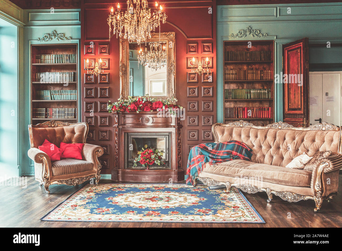 Luxury classic interior of home library. Sitting room with bookshelf ...