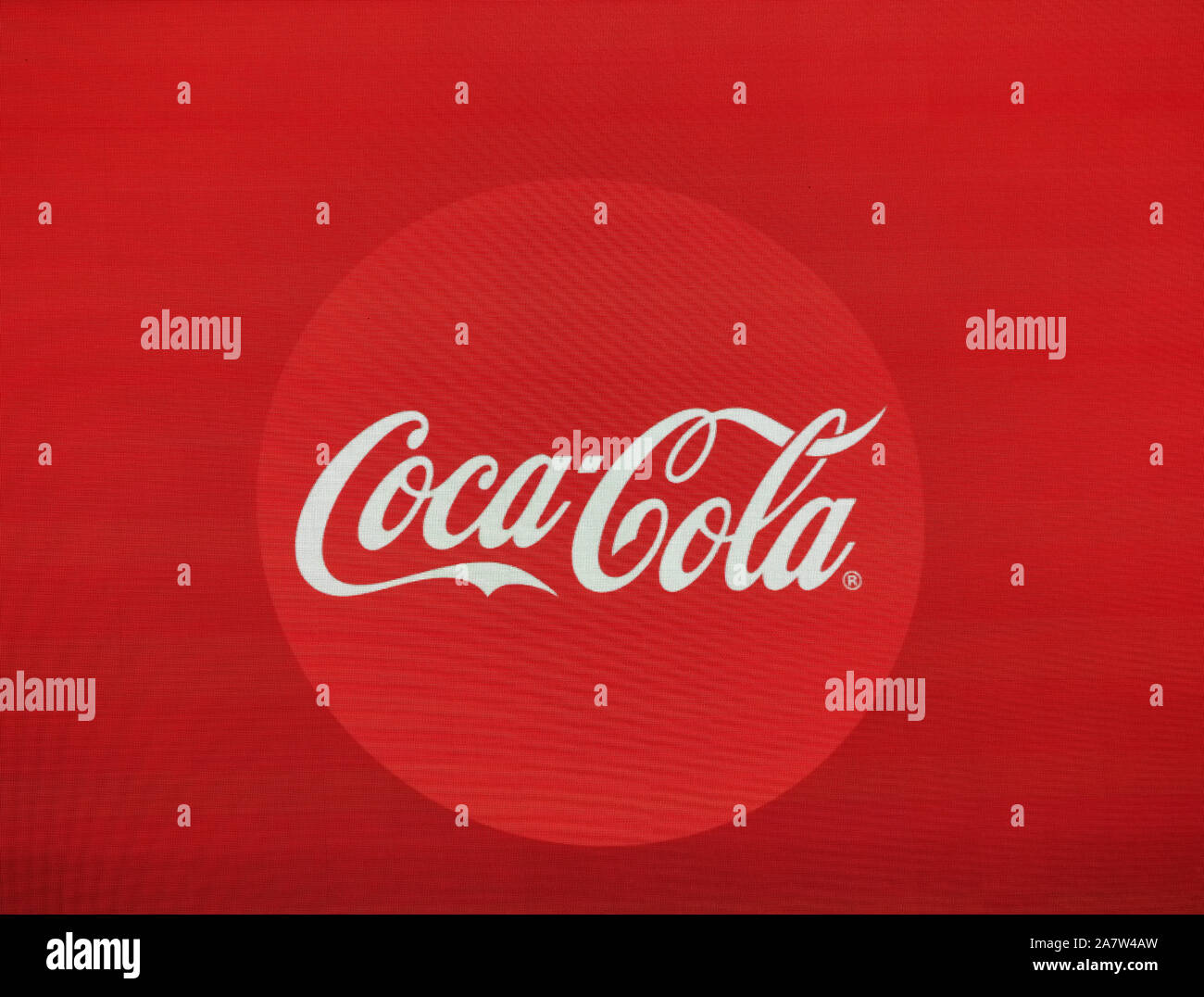 LONDON, UK - CIRCA SEPTEMBER 2019: Coca Cola sign on electronic ...