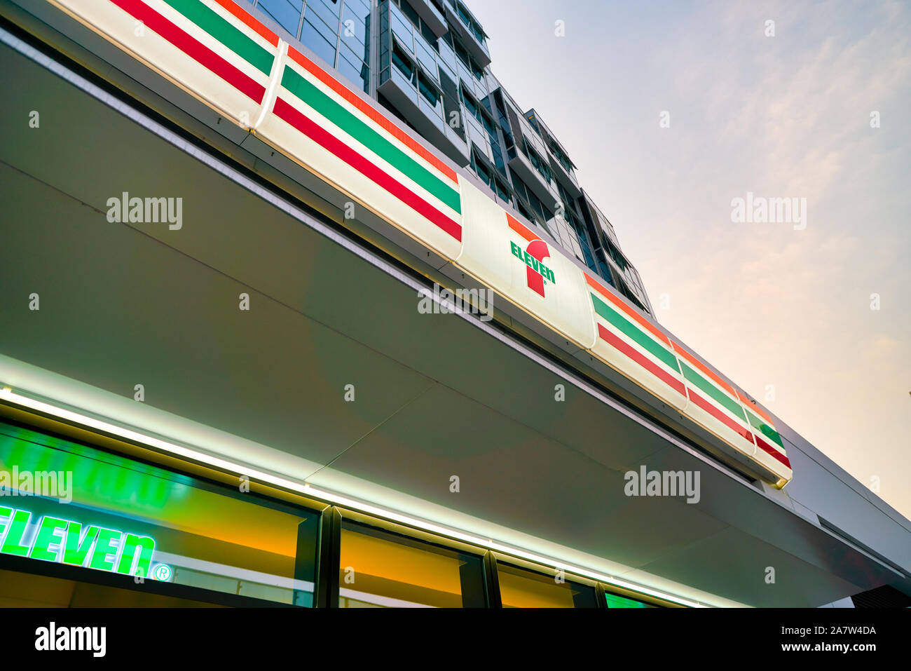 SHENZHEN, CHINA - APRIL 7, 2019: 7-Eleven sign over store entrance in ...