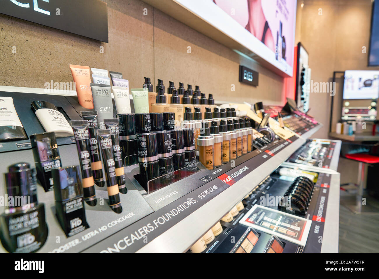 SHENZHEN, CHINA - CIRCA APRIL, 2019: cosmetics products on display at ...