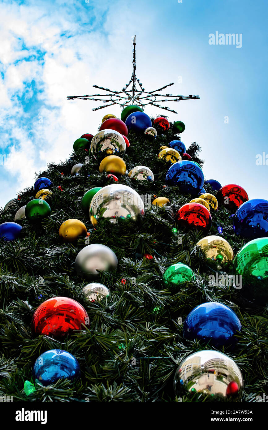 Looking up at tree with white holiday lights hi-res stock photography ...