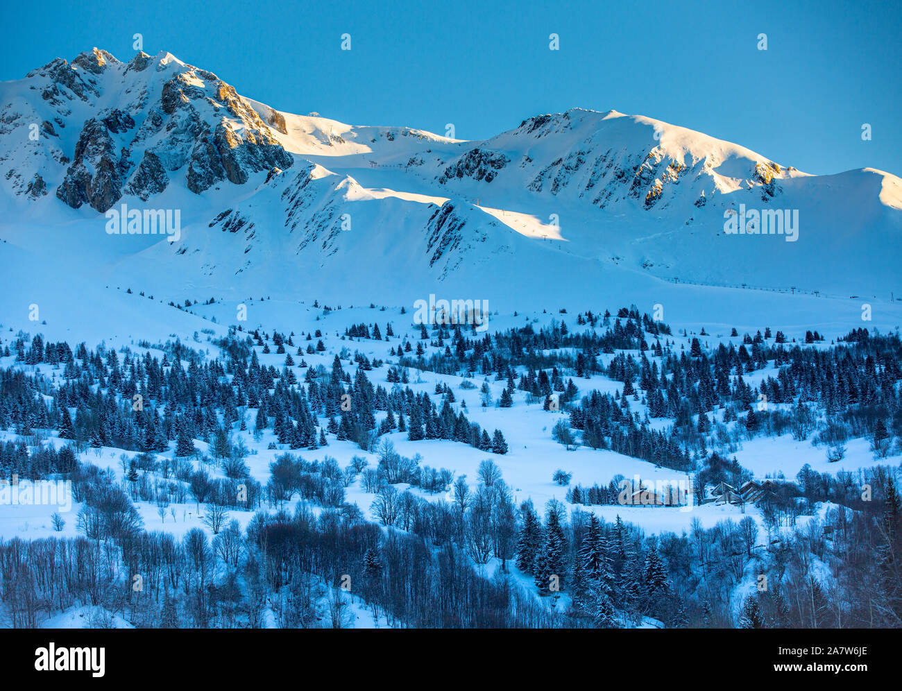 Morning sun lights the peaks of Alps. Forest on downhill is covered by ...