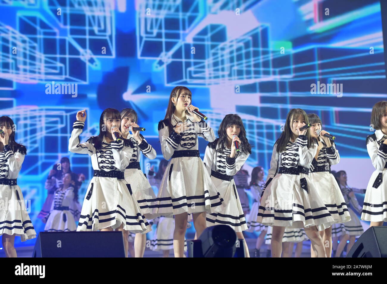 Members of Japanese idol girl group AKB48 and its international sister groups perform during the ...