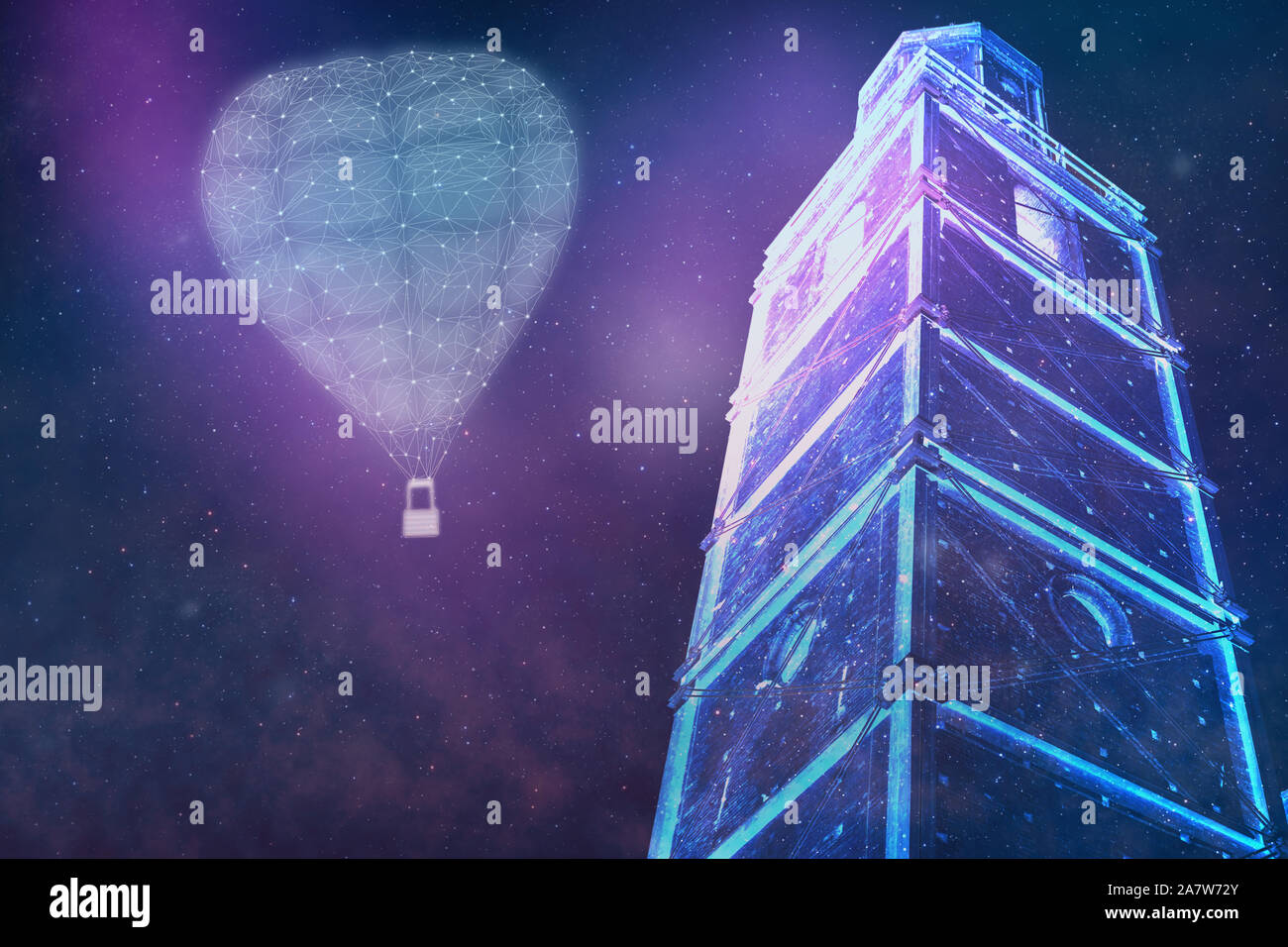 Beautiful abstract surreal Airship balloon and town landscape cosmos ...