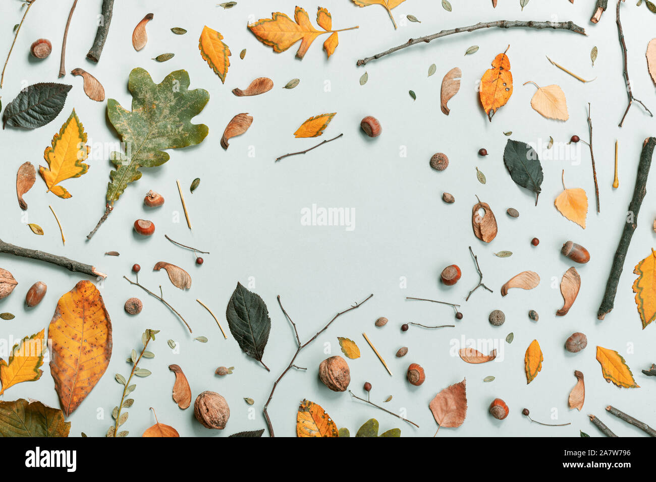 Flat lay autumn copy space top view, abstract fall season arrangement ...