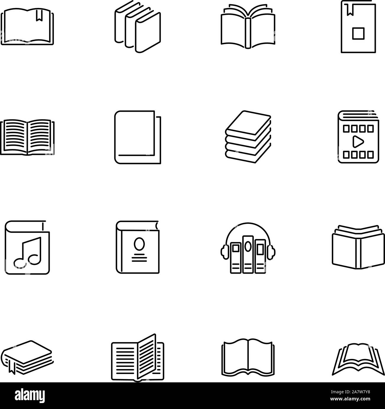 Books, Bookstore, Diary outline icons set - Black symbol on white ...