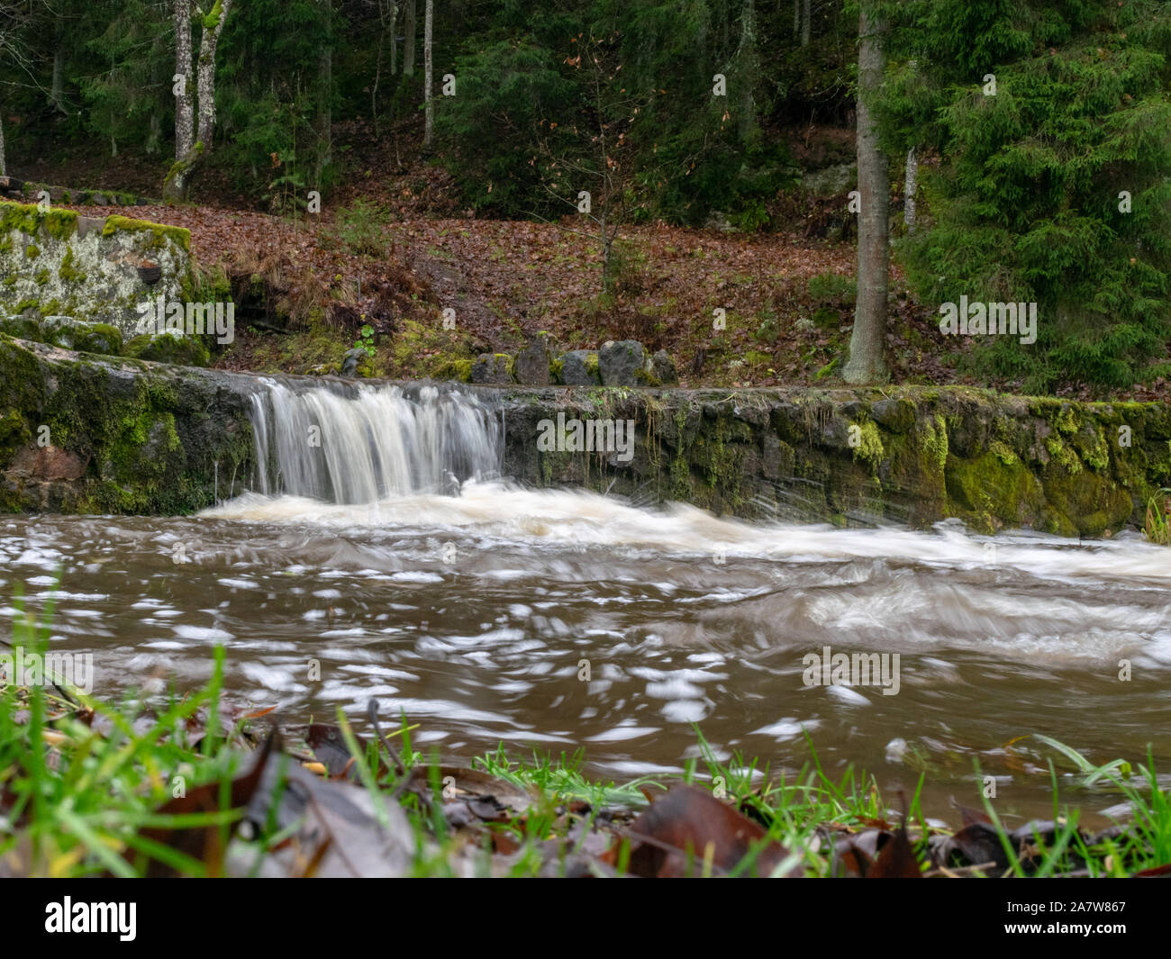 Long exposure of water in small stream, water in motion in autumn ...