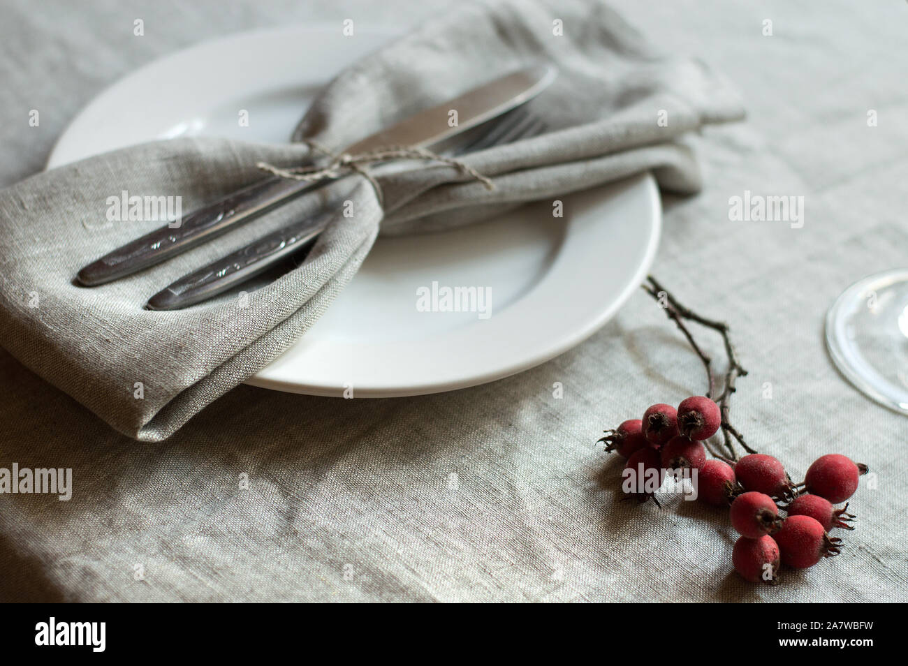 Table setting with white dinner plate rustic cutlery, linen napkin and ...