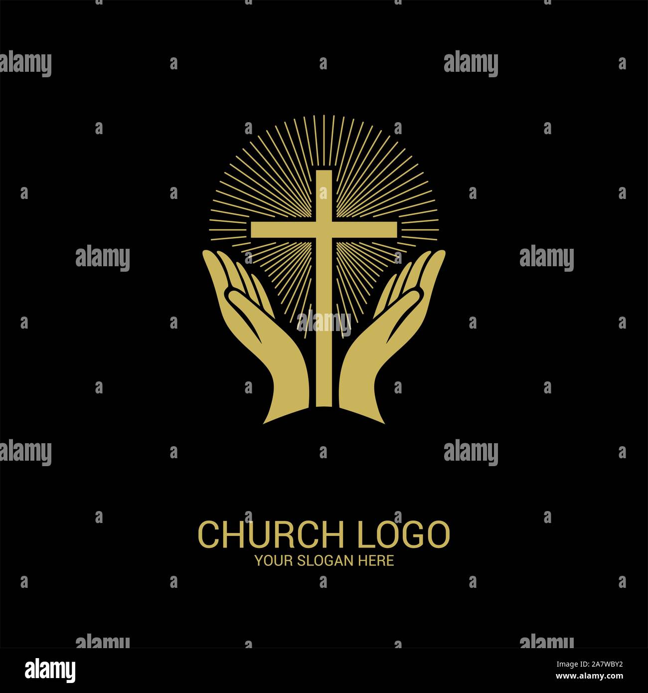 Church logo. Christian symbols. Hands turned to the cross of the Savior ...