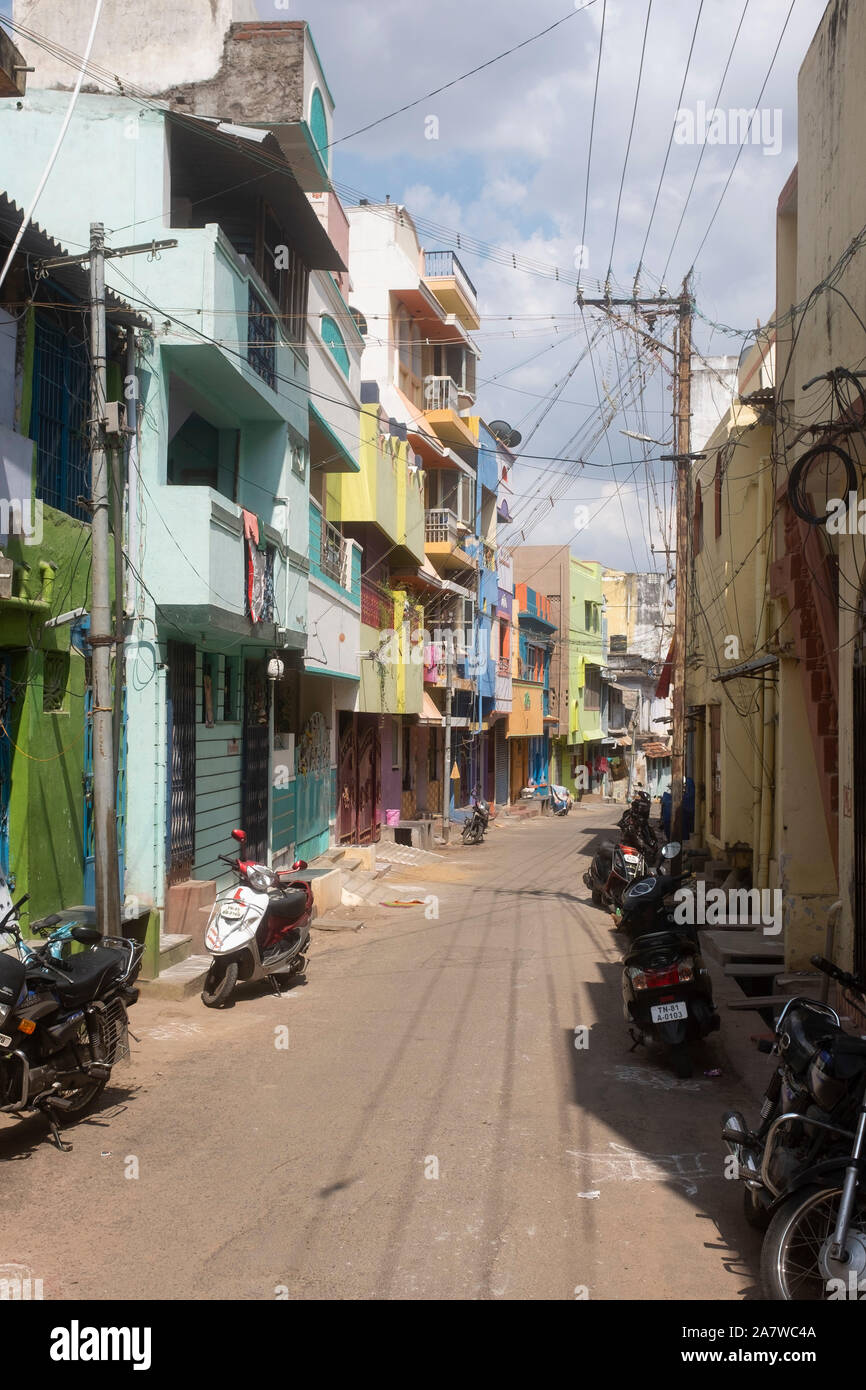 Colourful houses in Rock Fort North Street, Trichy, Tamil Nadu, India ...