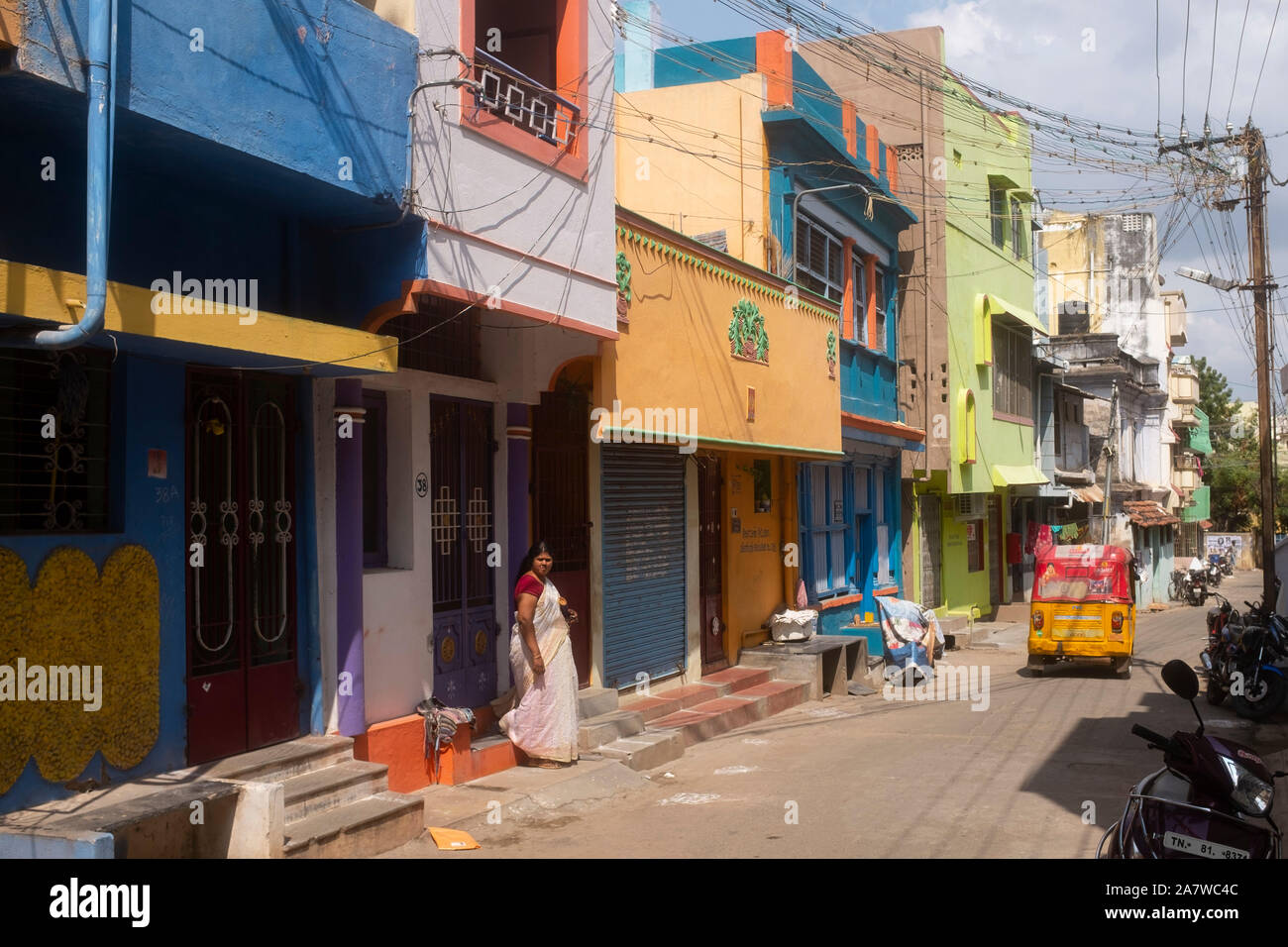 Colourful houses in Rock Fort North Street, Trichy, Tamil Nadu, India ...