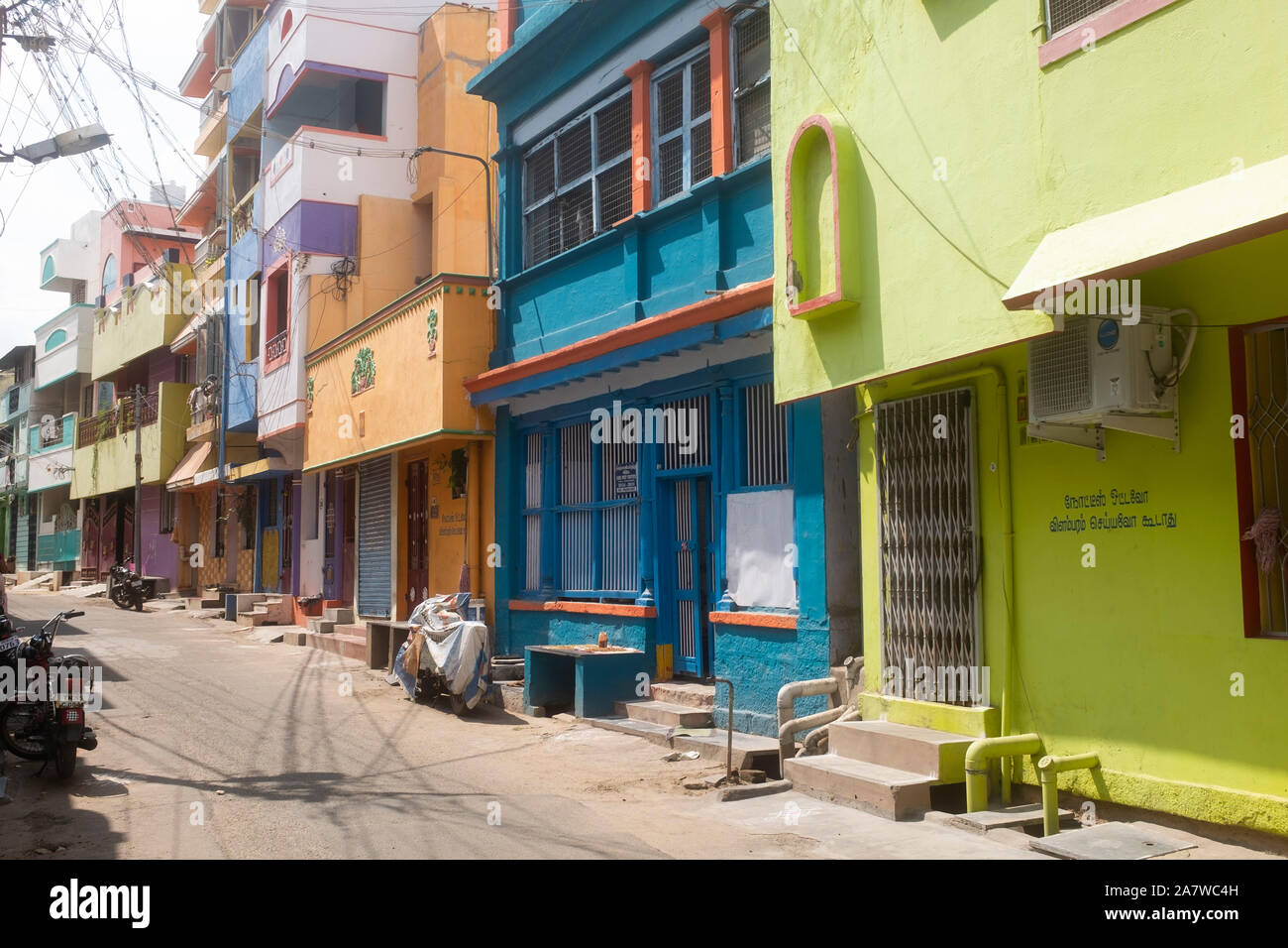 Colourful houses in Rock Fort North Street, Trichy, Tamil Nadu, India ...