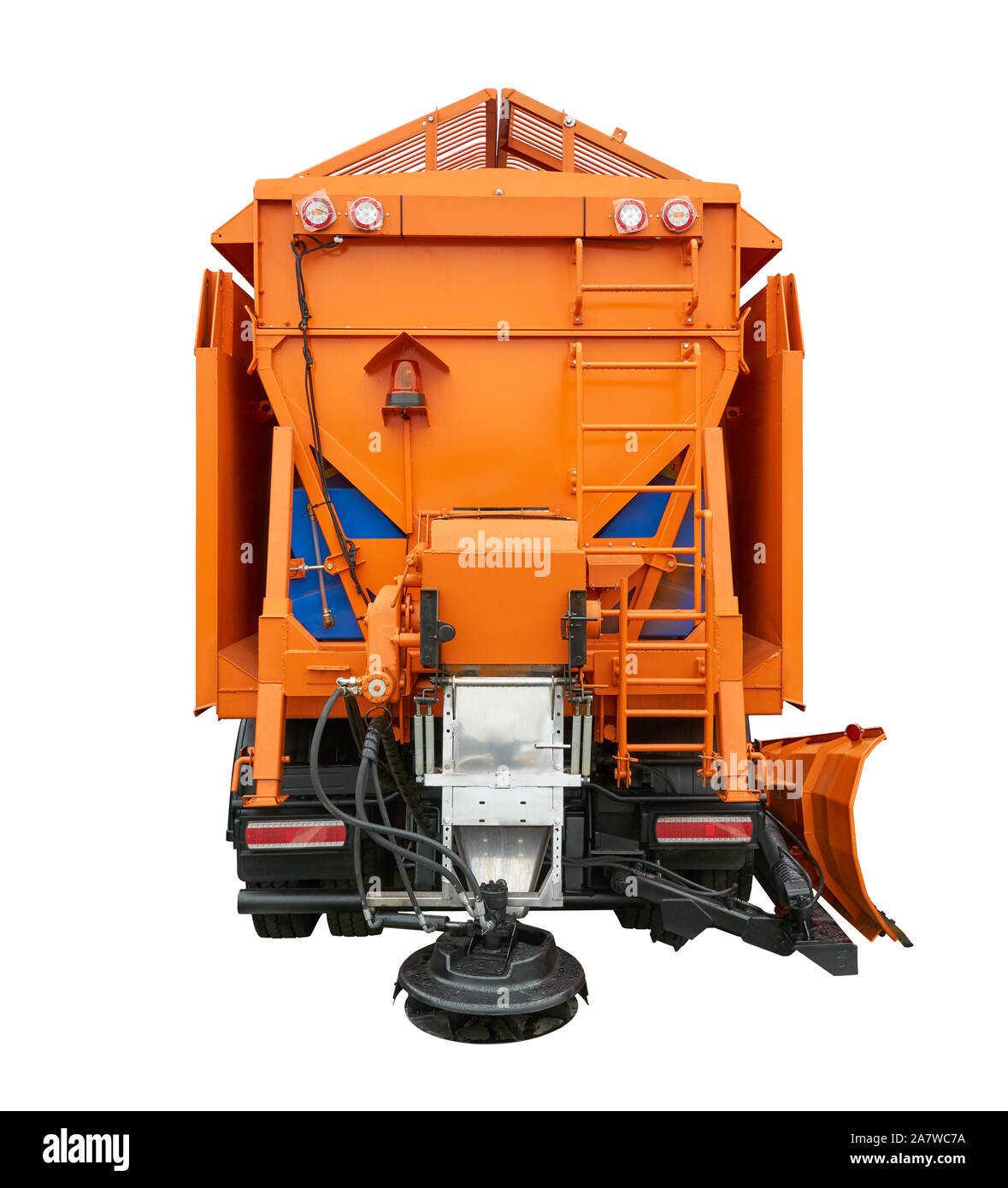 Rear of the orange street sweeper truck isolated on white Stock Photo ...