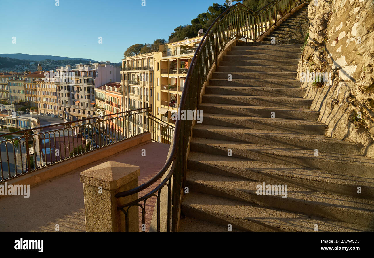 Stone stairs of Bellanda tower in Nice in the springtime evening ...