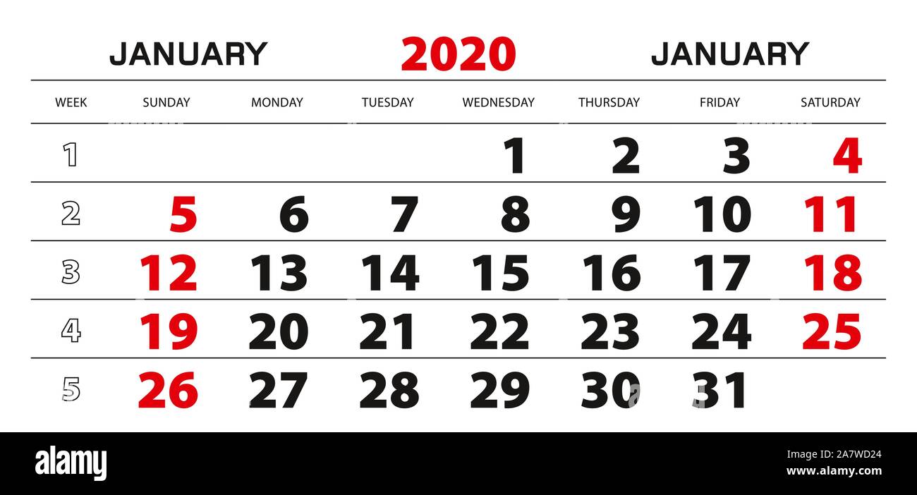 Wall calendar 2020 for january, week start from sunday. Block size ...