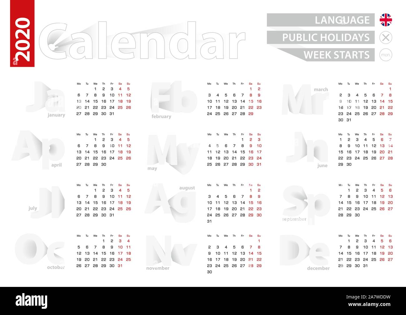 Calendar for 2020 year in english language, gray vector calendar. 2020 ...