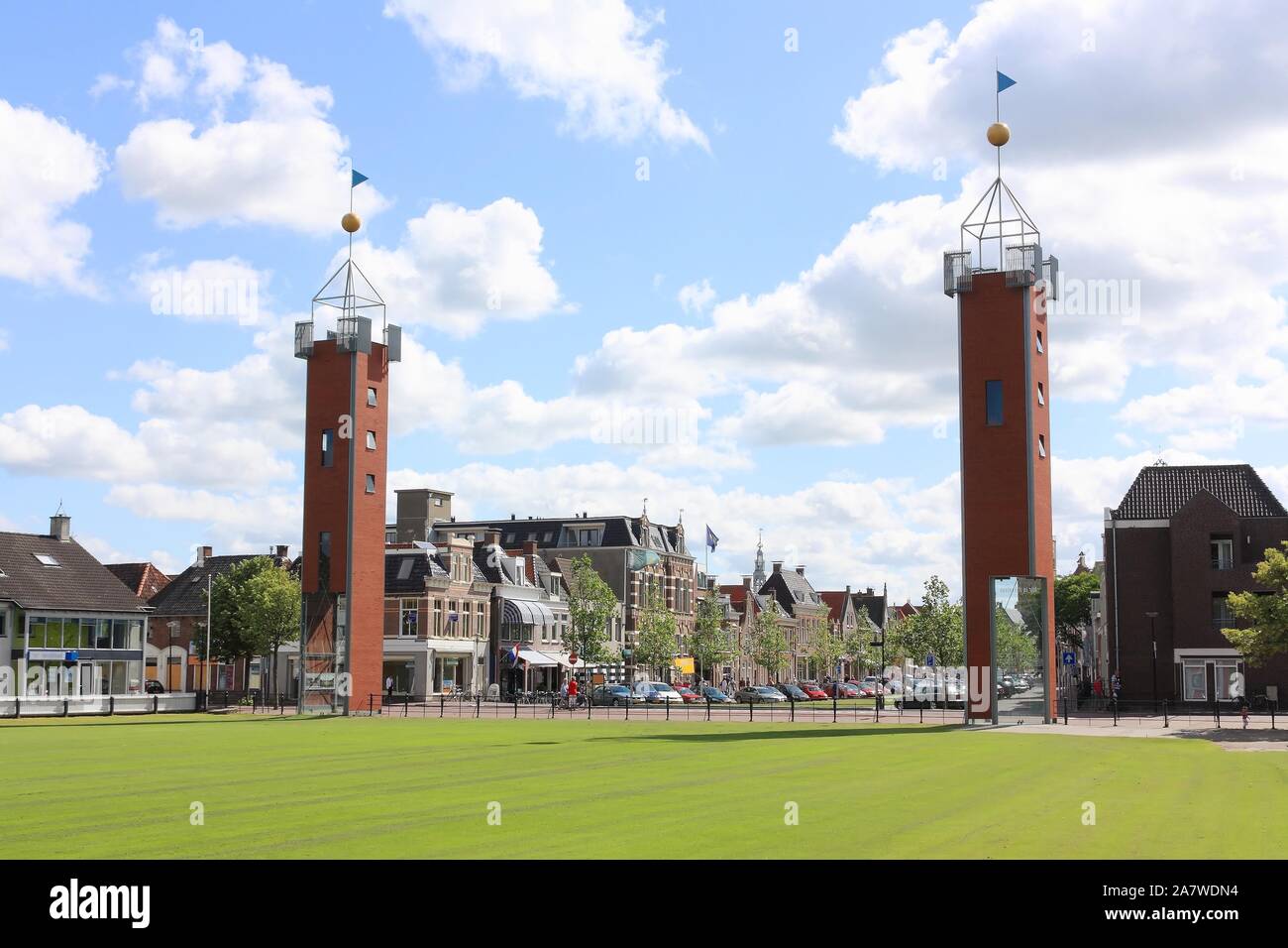 View on the two towers of the Sjûkelân kaatsveld in Franeker the ...
