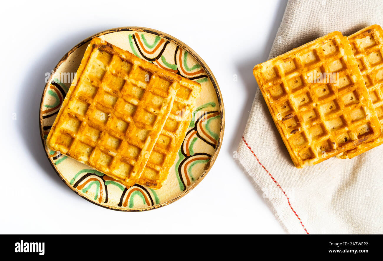 Homemade waffles on a plate table top view Stock Photo - Alamy