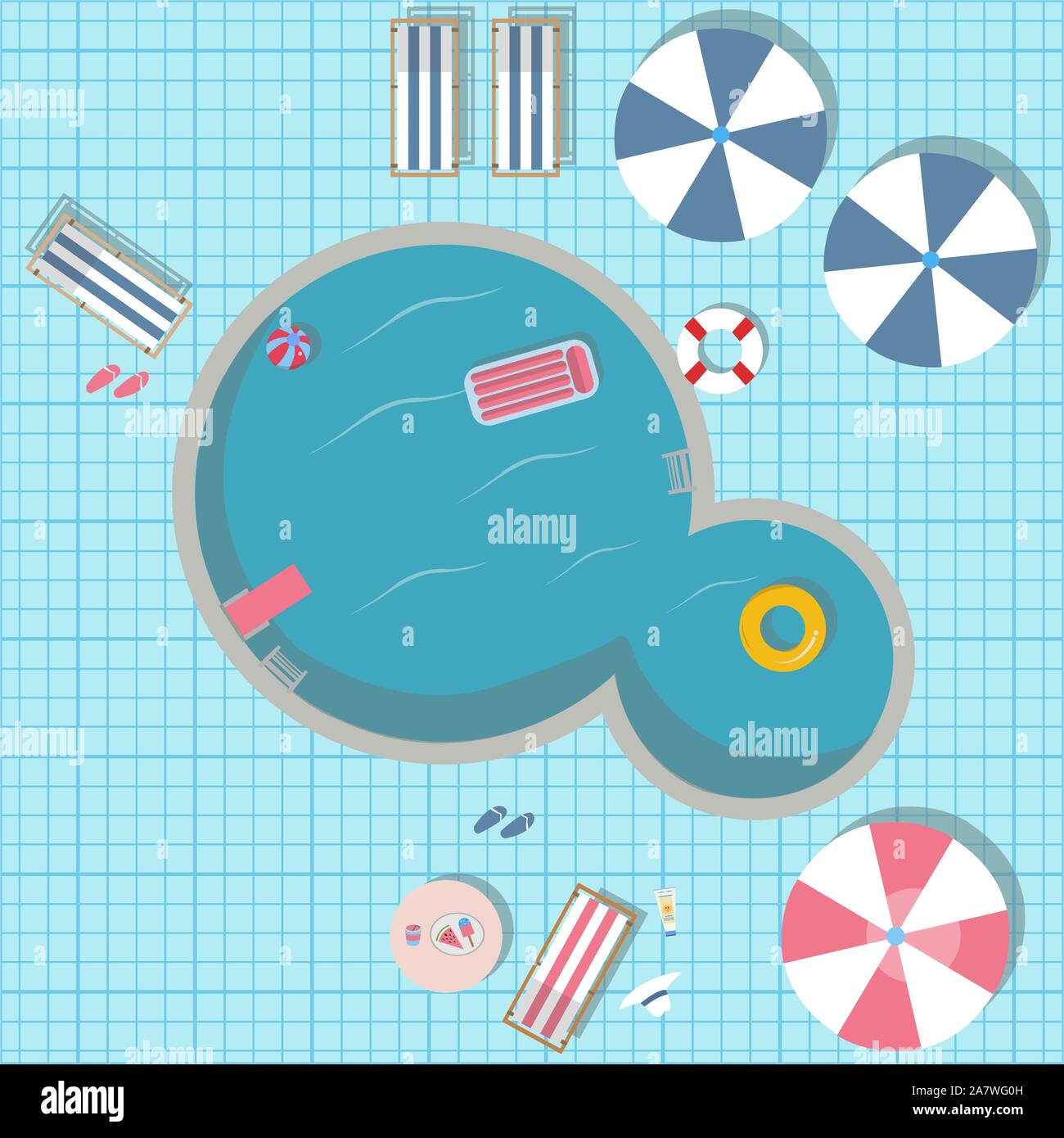 Swimming pool vector illustration with pool toys like rubber ring, pool ...