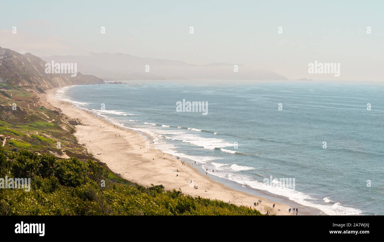View of the Pacific Ocean from above on plant covered sand dune cliff ...