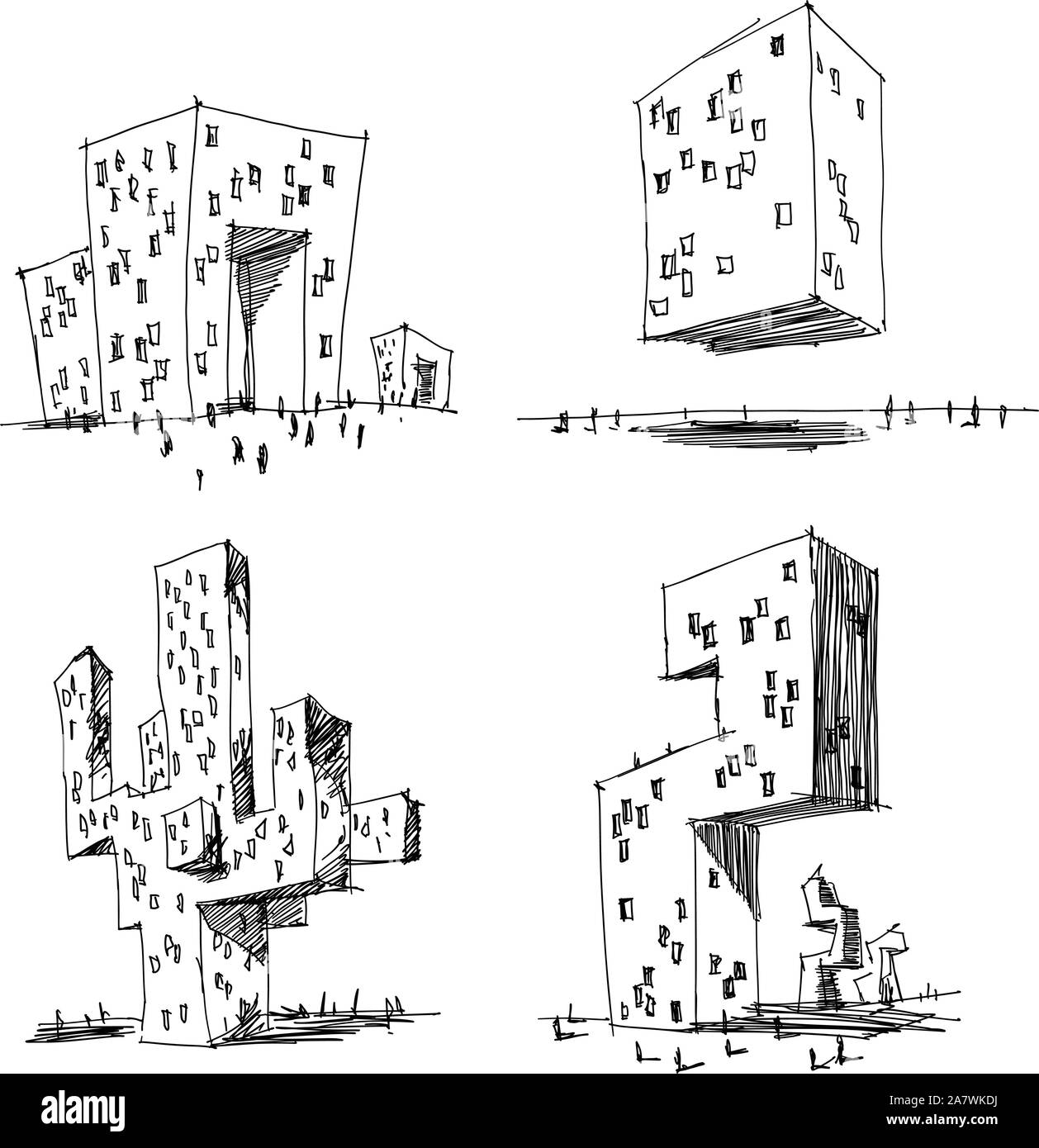 four hand drawn architectectural sketches of a modern abstract ...