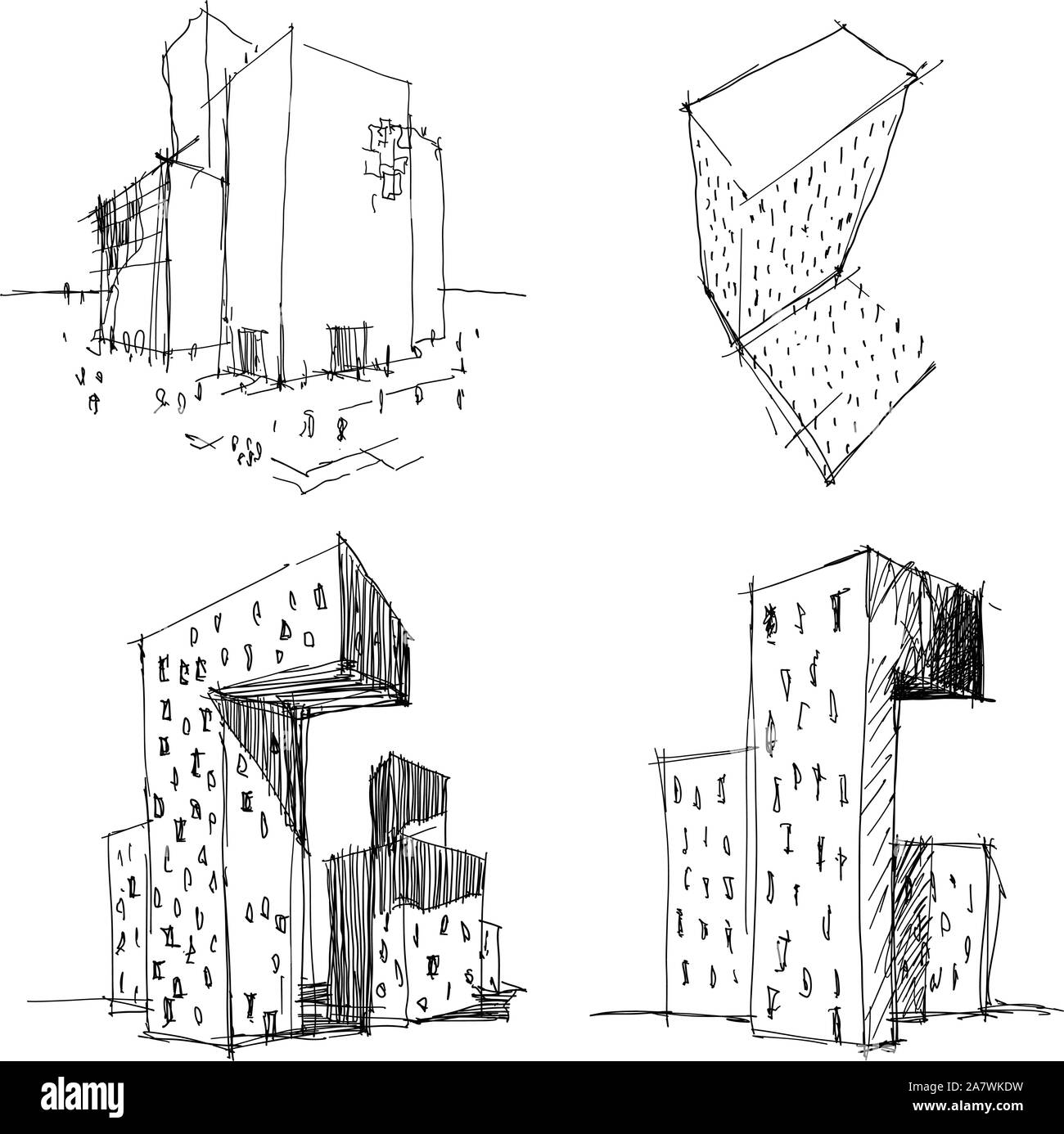 four hand drawn architectectural sketches of a modern abstract ...