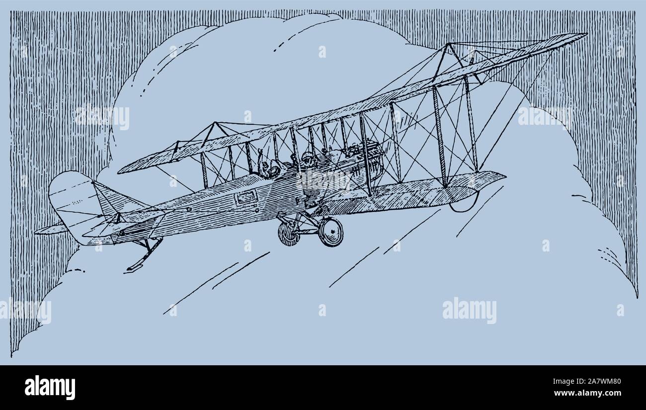 Airman waving from a historic two-seater biplane, flying towards a ...