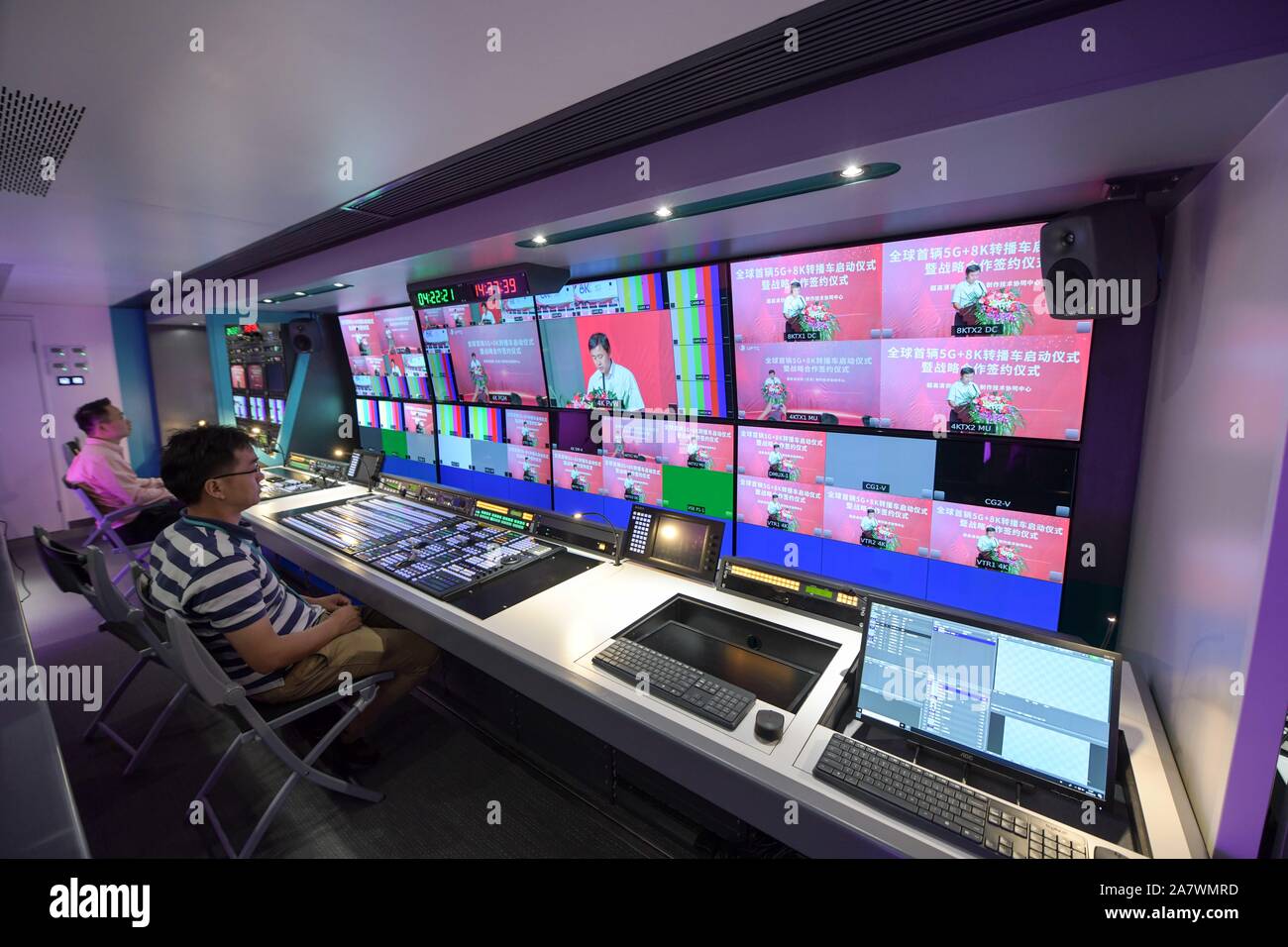 Interior view of China's self-designed broadcast van based on 5G and 8K ...