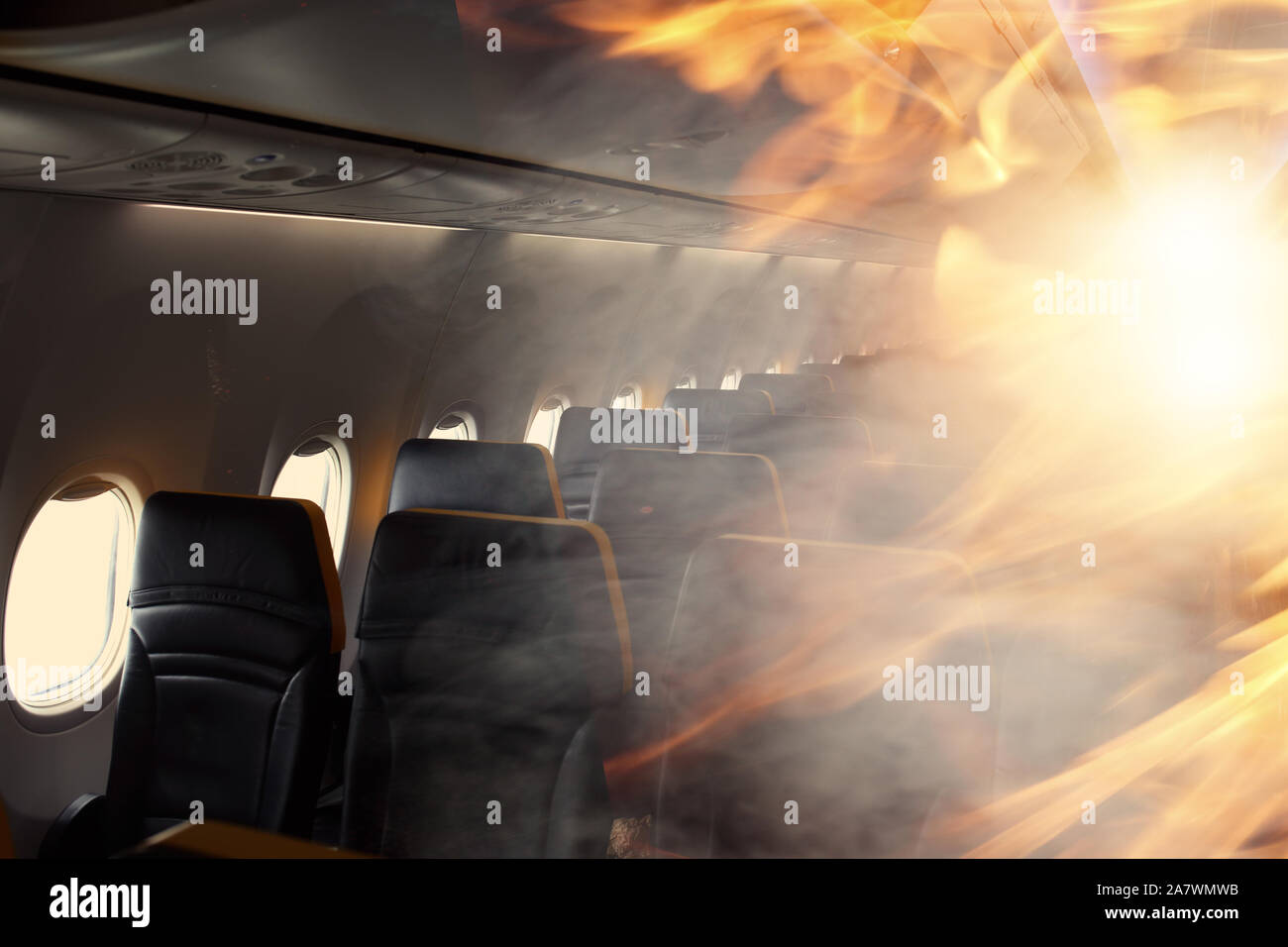 Fire int the cabin airplane Stock Photo - Alamy