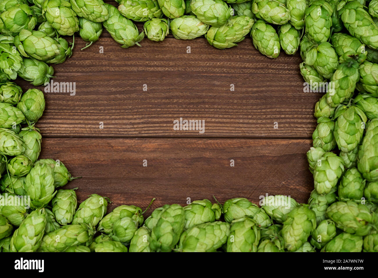 Fresh green hops on a wooden background. Green hop cones with wooden ...