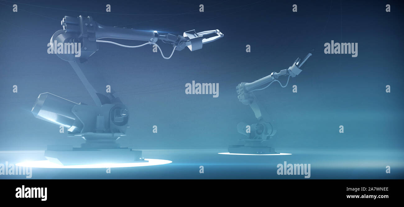 two futuristic robotic industrial arm manipulators on hi tech blue ...
