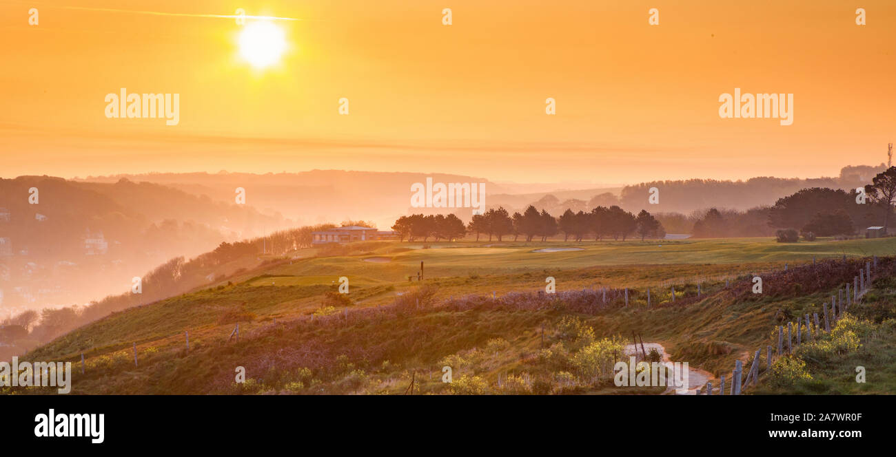 foggy sunrise over the village of Etretat,Normandy, Normandie, English ...