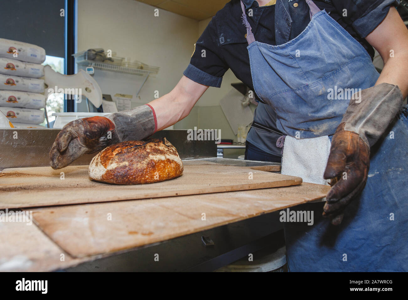 Close-up view of a baker placing hot loaf of bread on countertop Stock ...