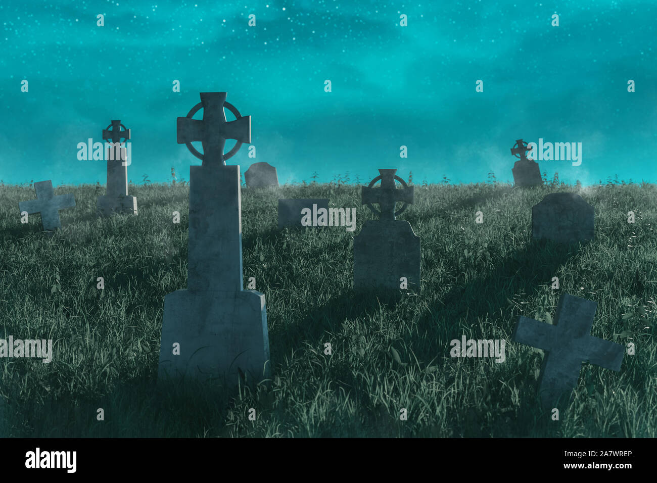 Tombstones At Night A Spooky Graveyard At Night With Tombstones A