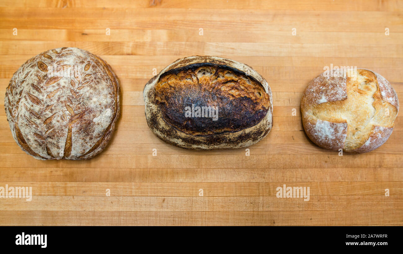 Three distinct loaves of artisanal bread lay in a row on wood counter ...