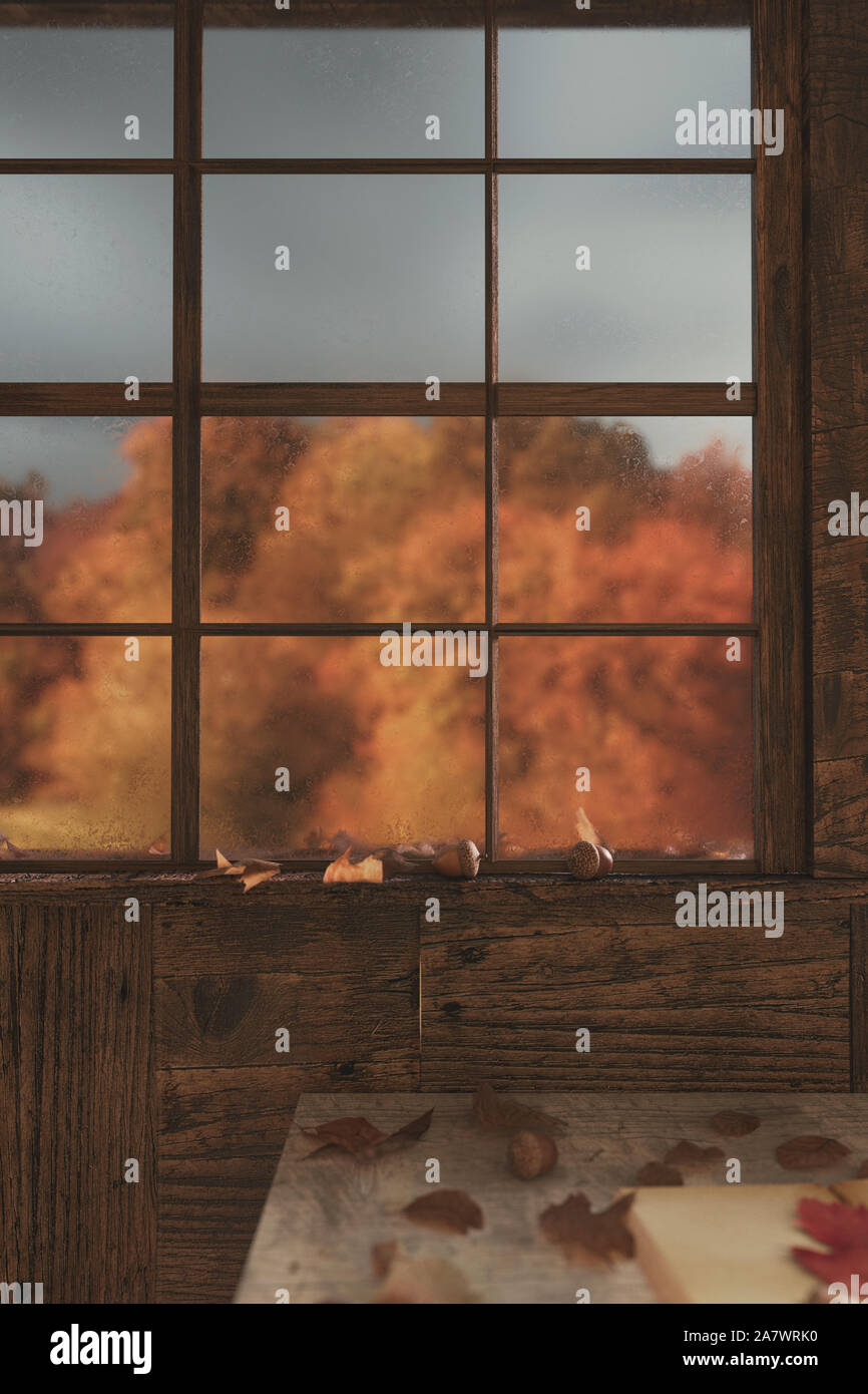 3d rendering of misty windows of a wooden cabin in front of autumn ...