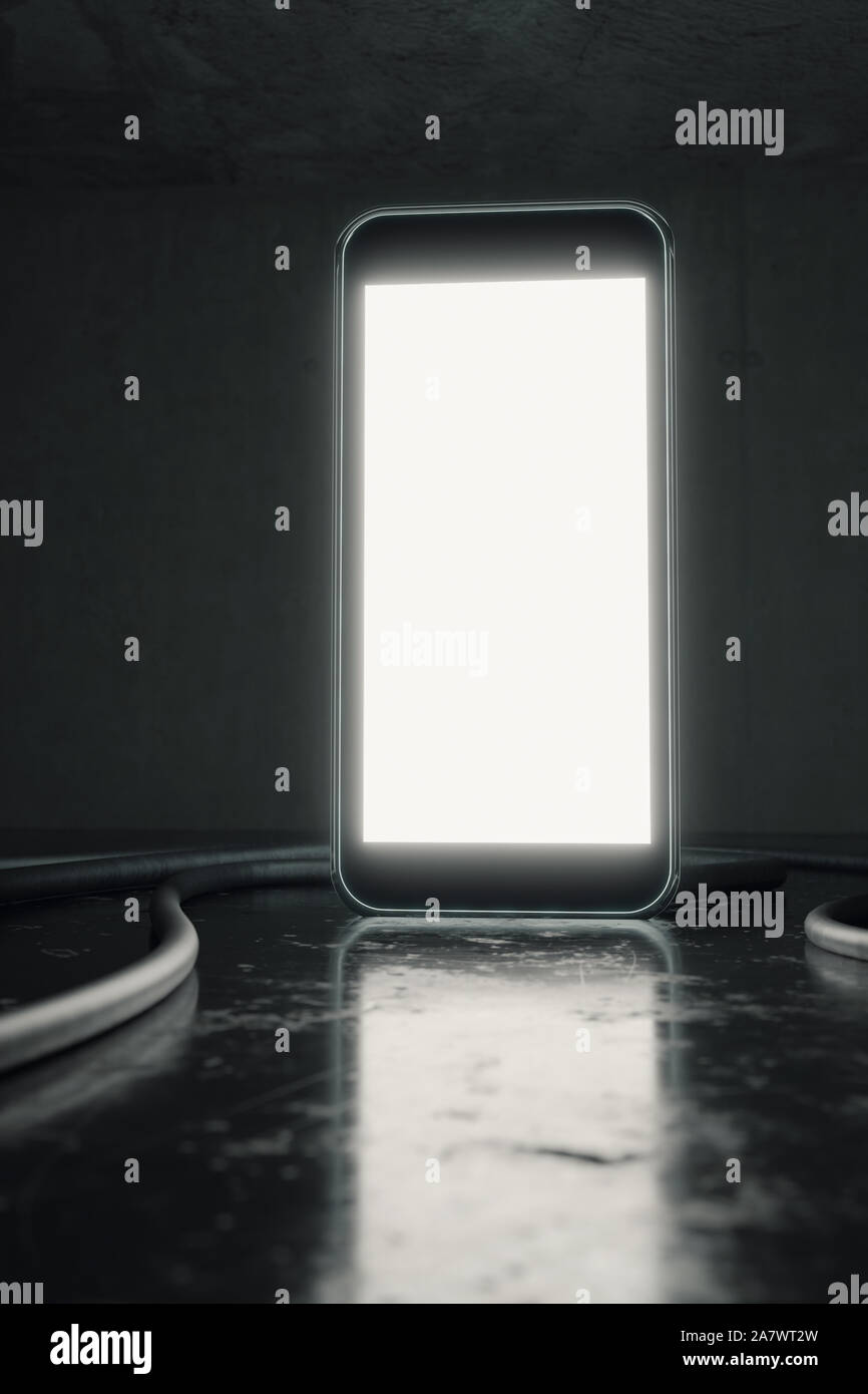 3d rendering of standing illuminated smartphone surrounded with wires ...