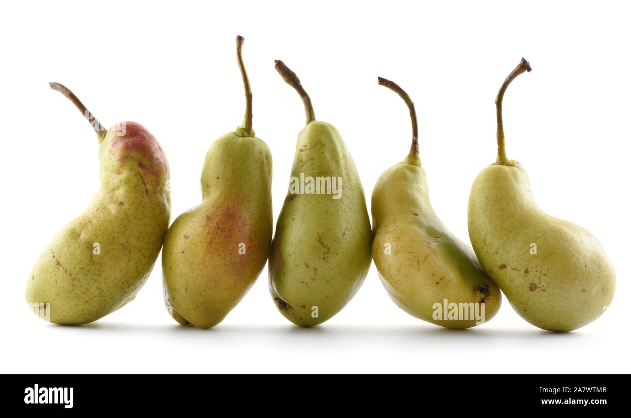 Ugly produce concept. Strangely shaped organic pears in row isolated on ...
