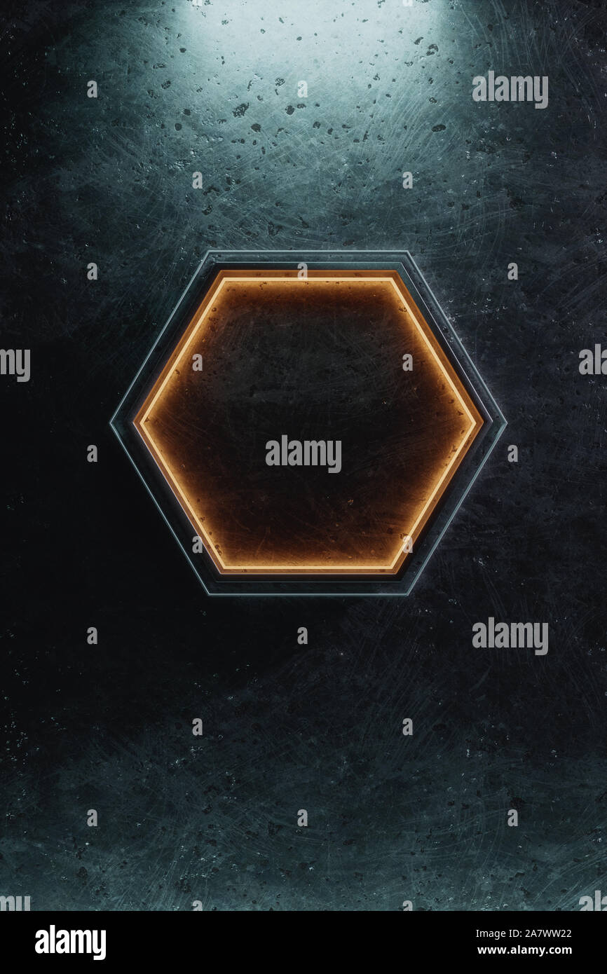 3d rendering of metallic neon hexagon shape on grunge metal background ...