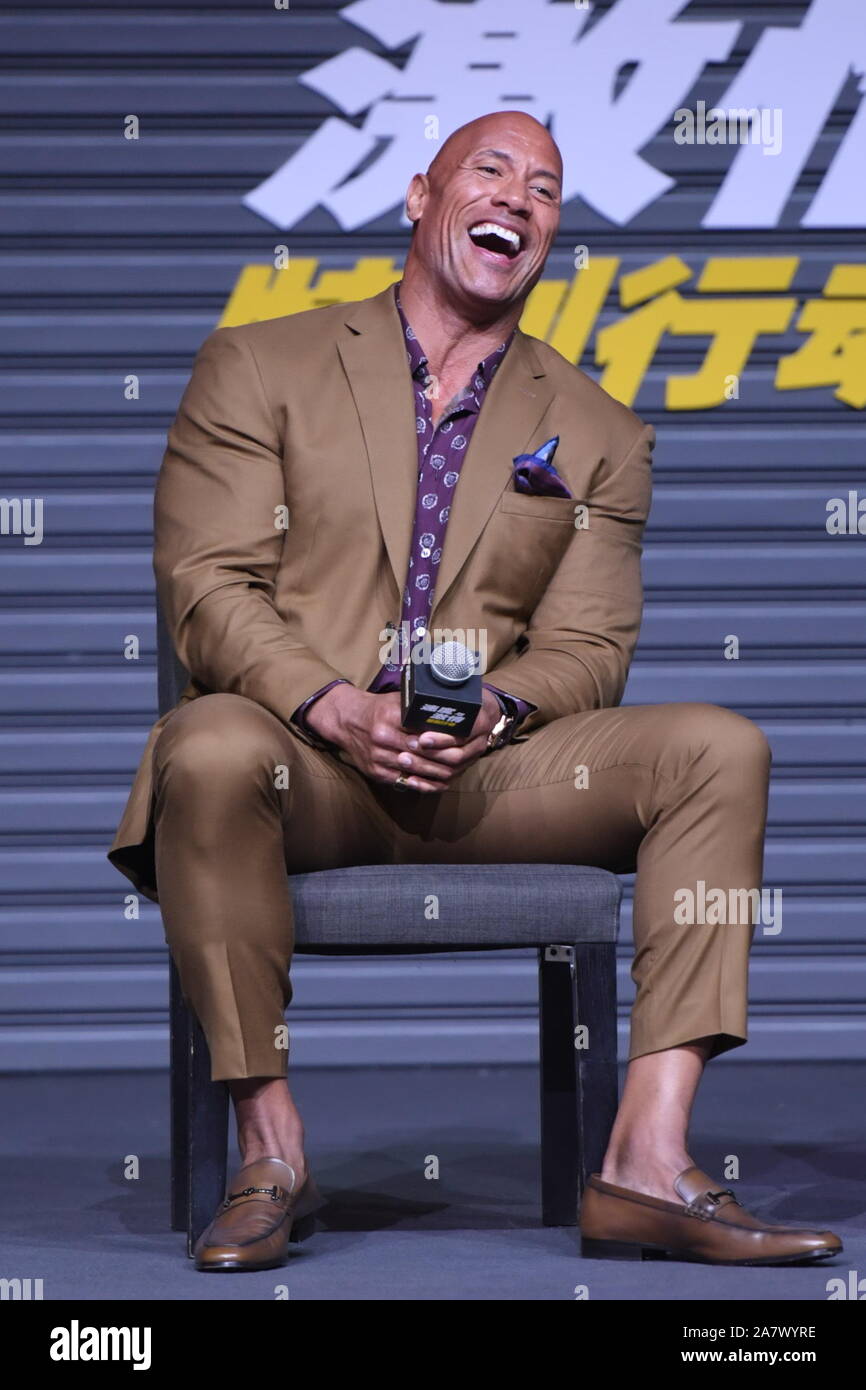 American actor Dwayne Johnson attends a press conference for new movie ...
