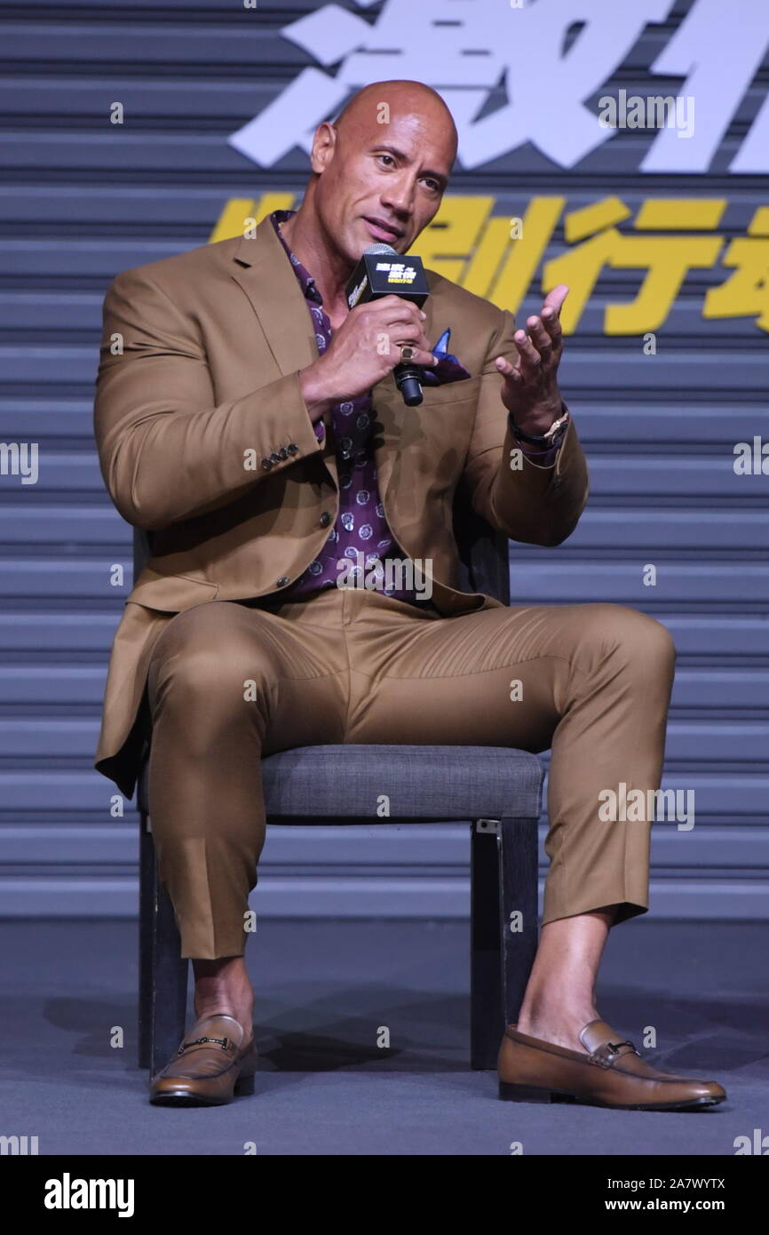 American actor Dwayne Johnson attends a press conference for new movie ...
