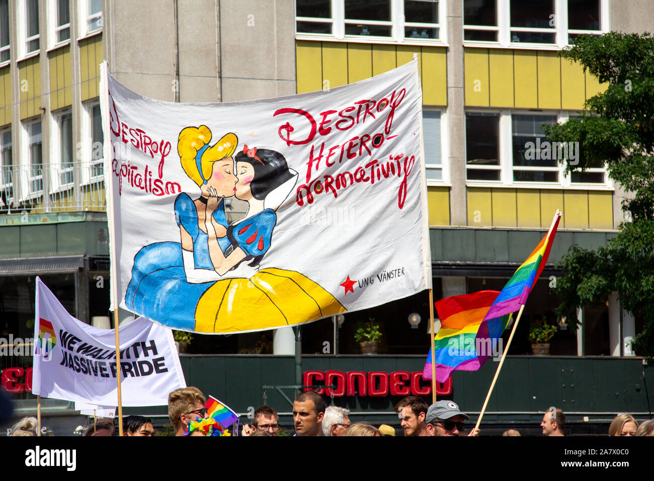 Malmö, Sweden - July 20, 2019: Left-wing people are carrying a banner ...
