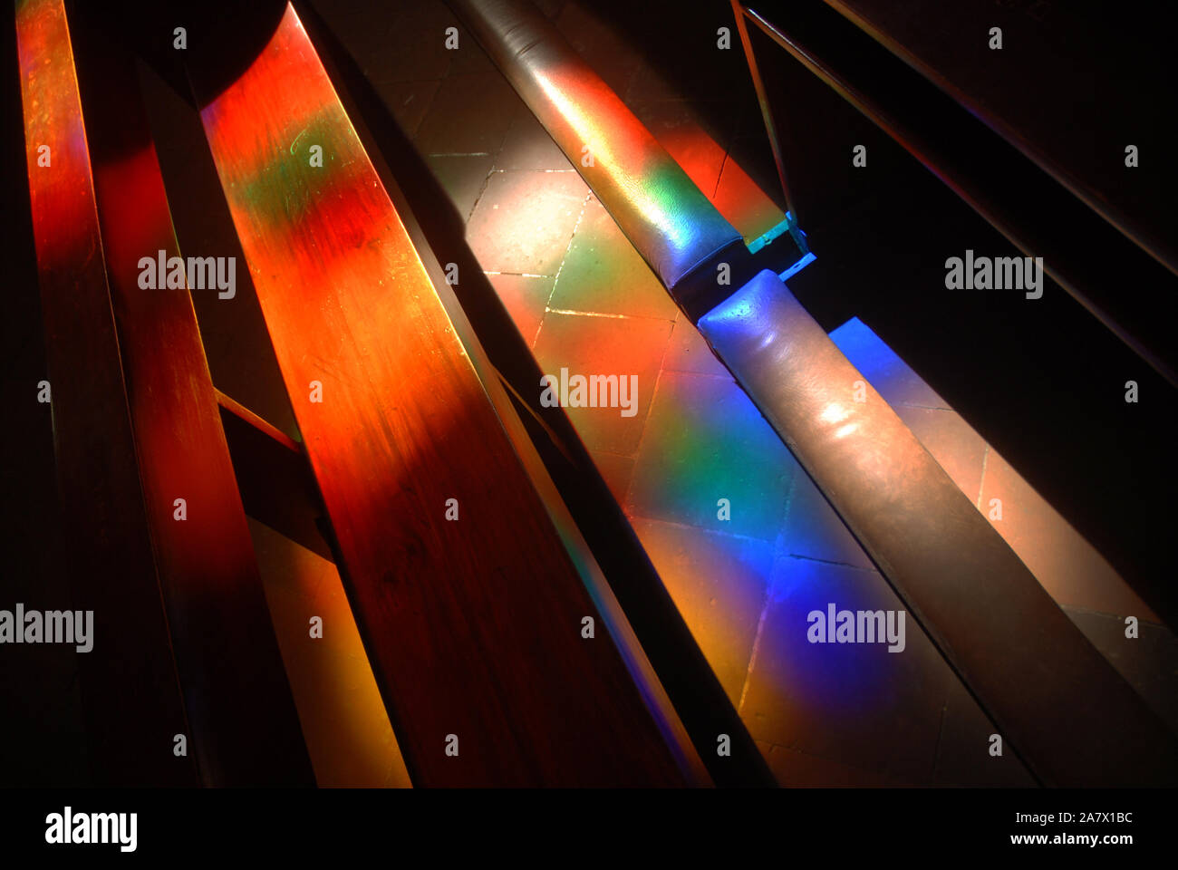 Coloured light reflected from stain glass windows, Baclayon Church ...