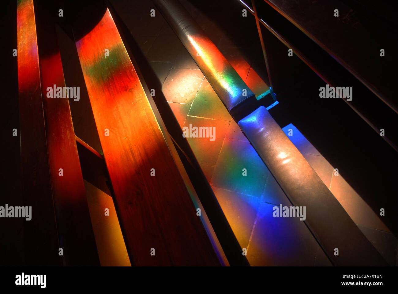 Coloured light reflected from stain glass windows, Baclayon Church ...
