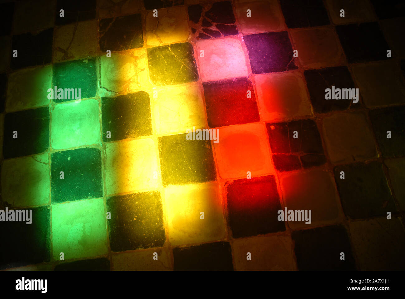 Coloured light reflected from stain glass windows, Baclayon Church ...