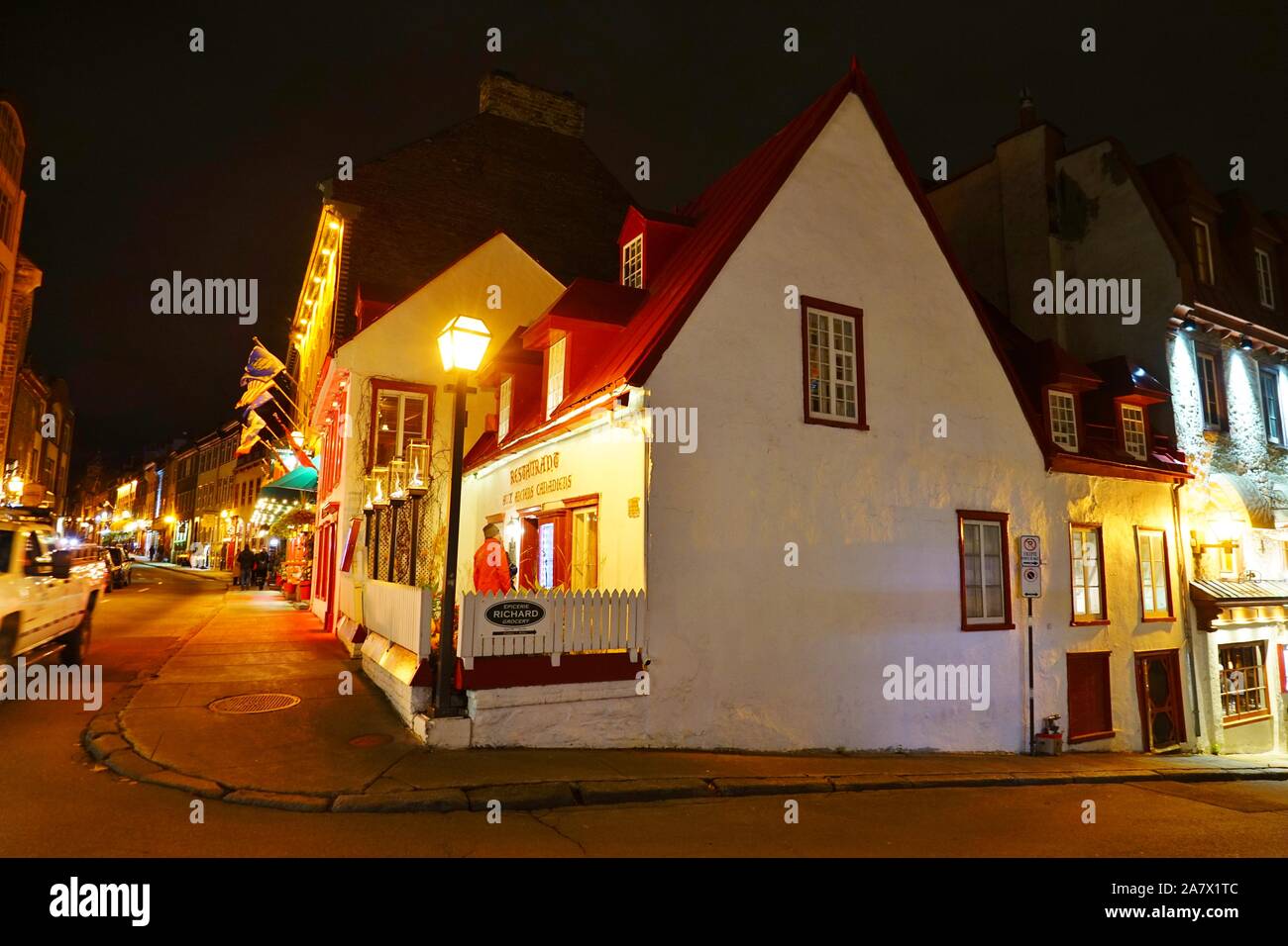 QUEBEC CITY, CANADA -1 NOV 2019- Night view of the landmark Aux Anciens ...