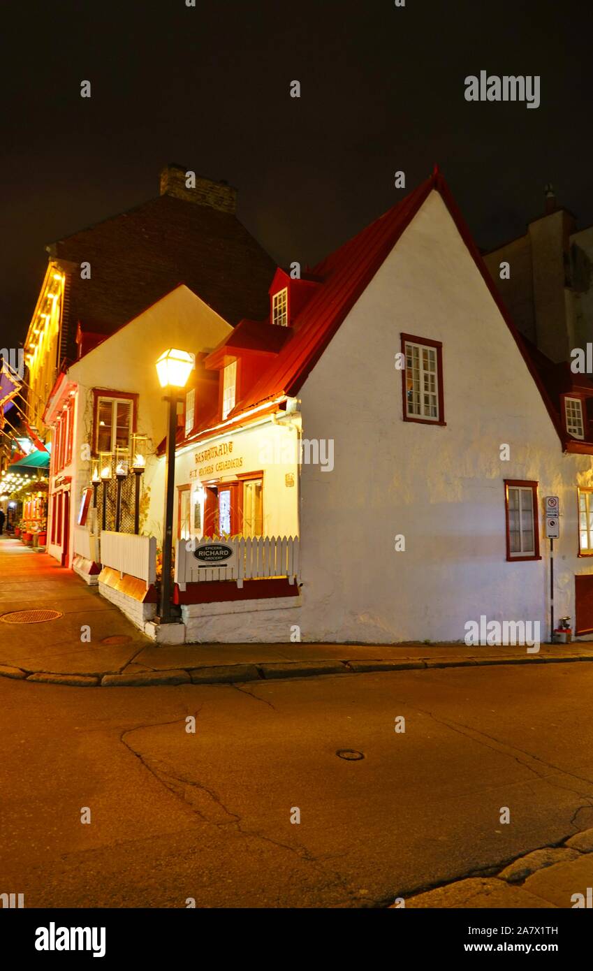 QUEBEC CITY, CANADA -1 NOV 2019- Night view of the landmark Aux Anciens ...