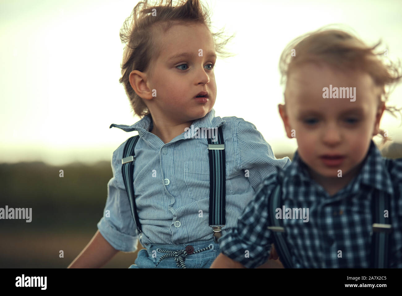 Two adorable brothers having fun in the countryside Stock Photo - Alamy