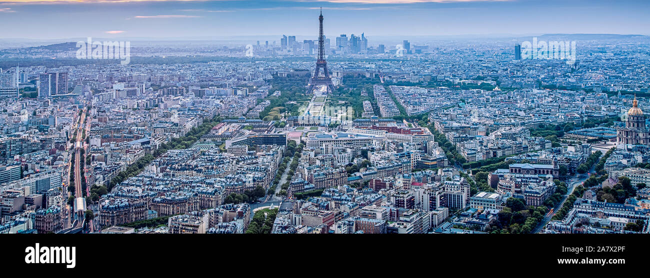 aerial view over Paris at sunset with iconic Eiffel tower Stock Photo ...